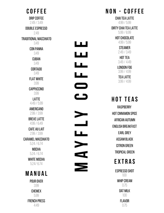 Cafe Menu – Mayfly Coffee